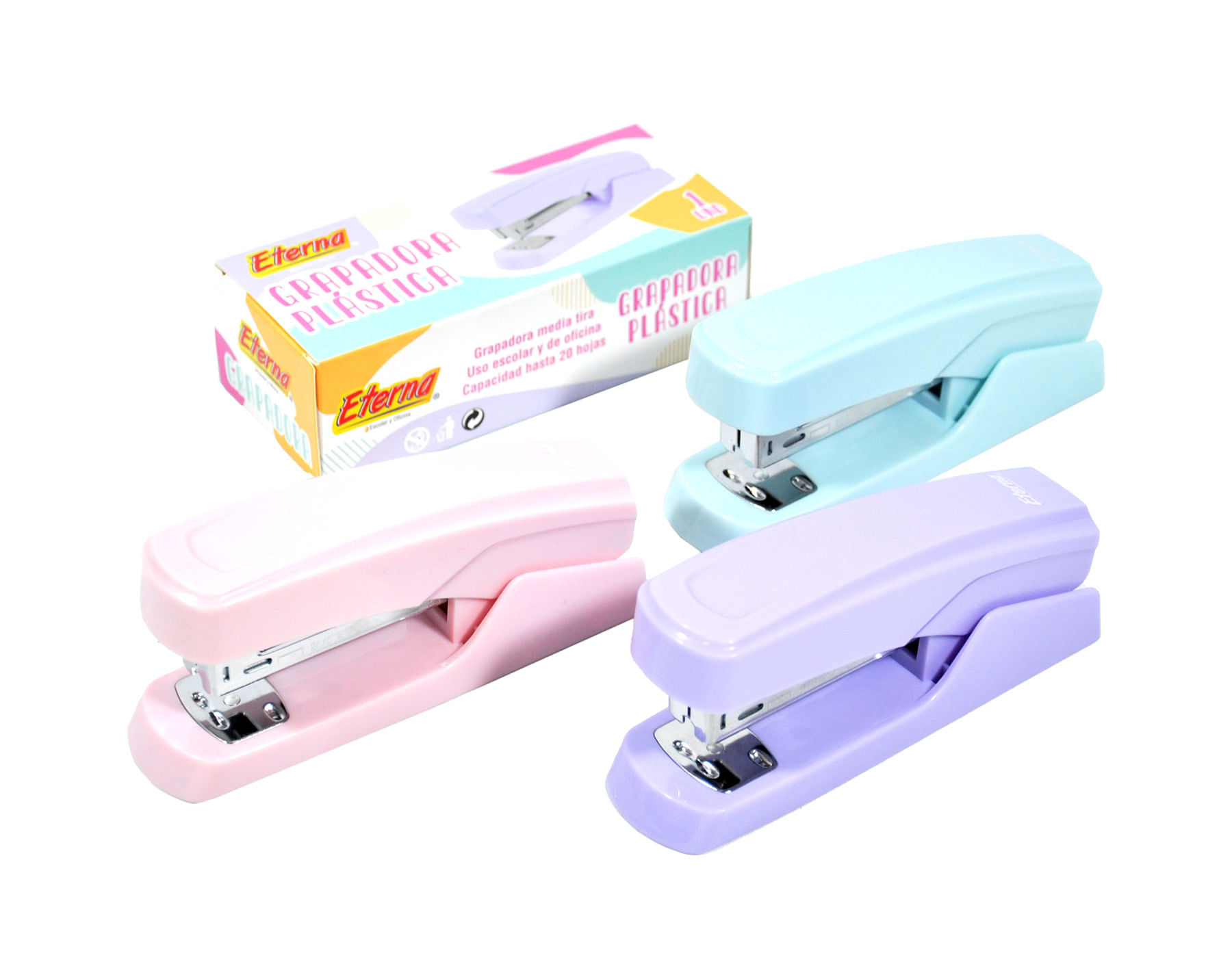 Grapadora Plastica Media Tira Pastel 20 hojas Eterna ET715